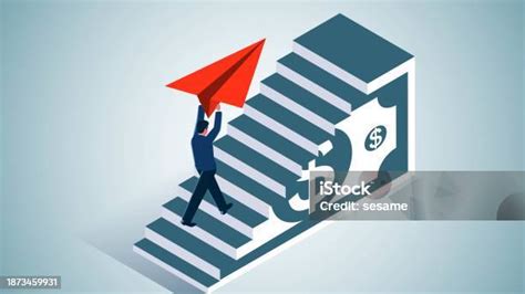 사업 또는 부의 자유 사업 투자 경력 또는 사업 목표 및 업적 결단력과 야망 종이 비행기로 돈 사다리를 걷는 등척성 사업가 그래프에 대한 스톡 벡터 아트 및 기타 이미지