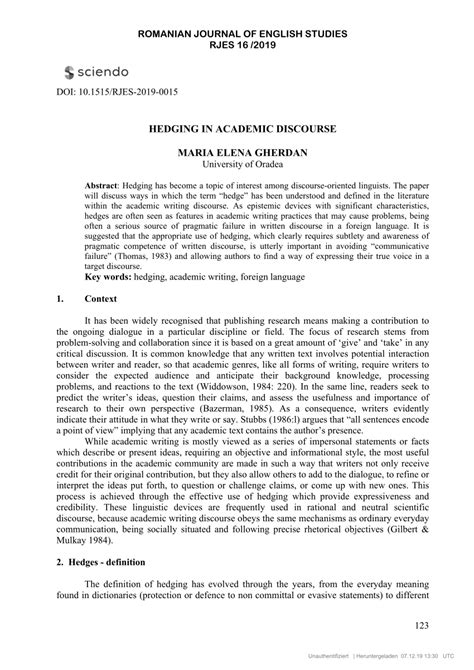 Pdf Hedging In Academic Discourse