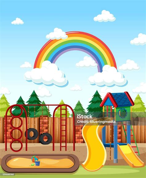 주간 만화 스타일의 하늘에 무지개와 공원에서 아이 놀이터 0명에 대한 스톡 벡터 아트 및 기타 이미지 0명 감정 개념 Istock