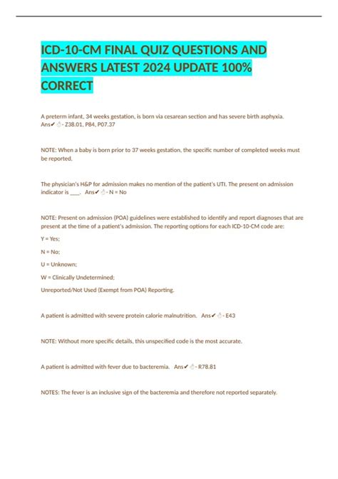 Icd 10 Cm Final Quiz Questions And Answers Latest 2024 Update 100 Correct Icd 10 Cm Stuvia Us