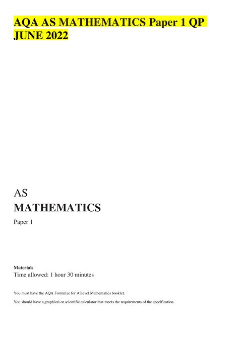AQA AS MATHEMATICS Paper 1 QP JUNE 2022 Browsegrades