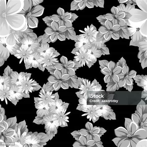 검은 바탕에 꽃의 추상 원활한 흑백 패턴입니다 디자인 엽서 인사말 생일 웨딩 파티 휴일 축 하에 대 한 초대 대 한 장식 꽃 나무에 대한 스톡 벡터 아트 및 기타 이미지