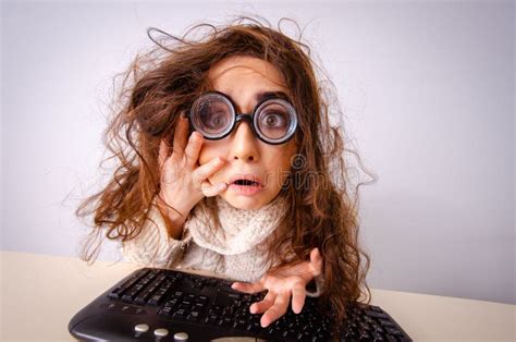 The Funny Nerd Girl Working On Computer Stock Image Image Of Computer Humorous 149124275