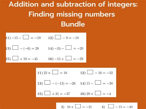 addition and subtraction of integers finding missing numbers bundle