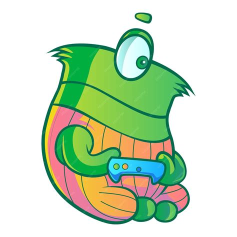 비디오 게임을 하는 귀여운 녹색 외눈 괴물의 만화 그림 프리미엄 벡터