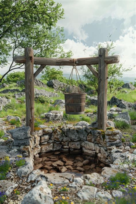 Premium Photo A Traditional Well With A Bucket Hanging Over It