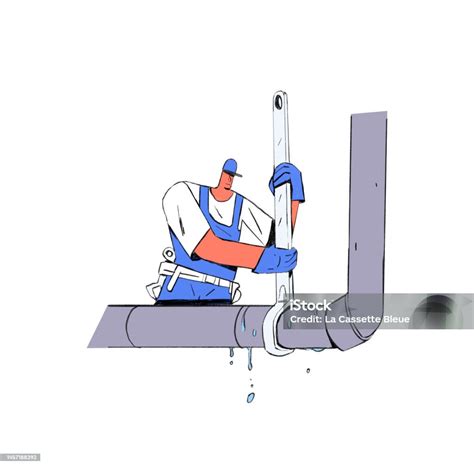 배관공 고정 싱크 파이프 거대한 밸브와 파이프가 있는 개념 그림 거대한 도구로 디자인하십시오 배관 산업을 위한 클립 아트 흰색으로 분리된 색상의 현대적인 디자인의 그림