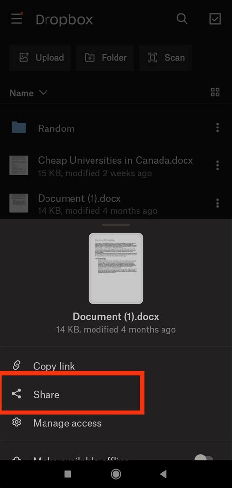 how to manage file sharing permissions in dropbox on android