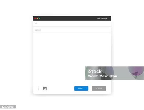 메일 창 템플릿입니다 빈 메시지 양식으로 모형을 작성합니다 이메일의 흰색 프레임 인터페이스 단추를 보내고 취소합니다 제목 및