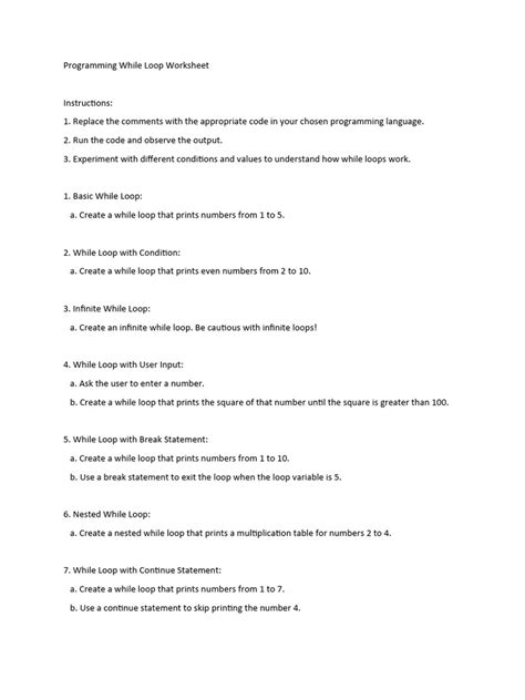 Programming While Loop Worksheet Download Free Pdf Control Flow