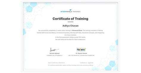 aditya chavan on linkedin successfully completed the advanced excel training from internshala…