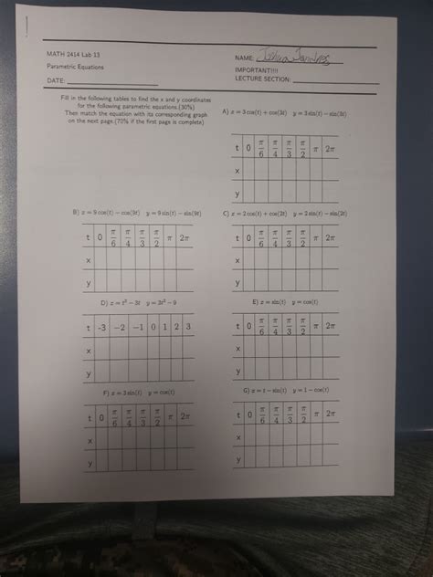 Solved Math 2414 Lab 13 Parametric Equations Date Name