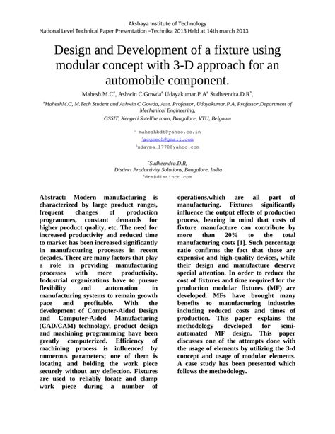 Pdf Design And Development Of A Fixture Using Modular Concept With 3 D Approach For An