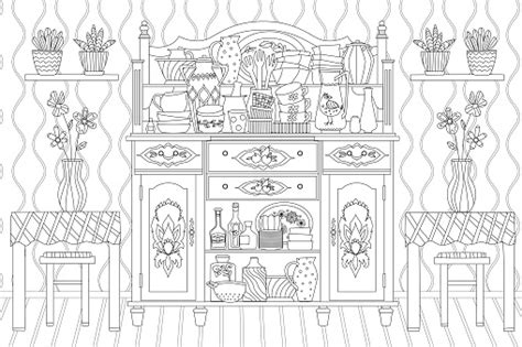 화려한 빈티지 찬장 테이블 벽 선반 꽃병과 색칠 공부를위한 냄비가있는 아늑한 주방 0명에 대한 스톡 벡터 아트 및 기타 이미지 0명 가구 가정 주방 Istock