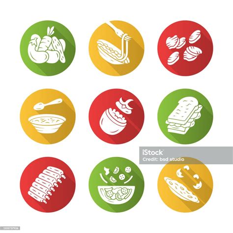 레스토랑 메뉴 요리 평면 디자인 긴 그림자 문 양 아이콘 세트 샐러드 수프 메인 요리 파스타 구운 야채 오믈렛 샌드위치 영양가 있는 음식 벡터 실루엣 일러스트레이션 갈비