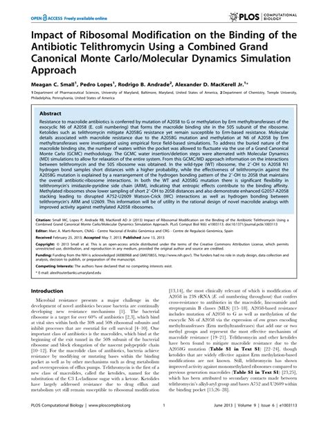 Pdf Impact Of Ribosomal Modification On The Binding Of The Antibiotic Telithromycin Using A