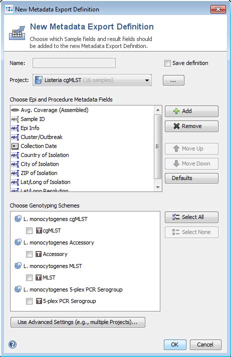New Metadata Export Definition Dialog