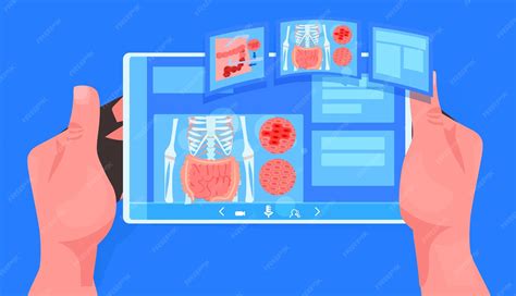 환자 뇌 건강 관리 치료 개념 수평 벡터 일러스트 레이 션의 Mri 스캔을 검사하는 방사선과 프리미엄 벡터