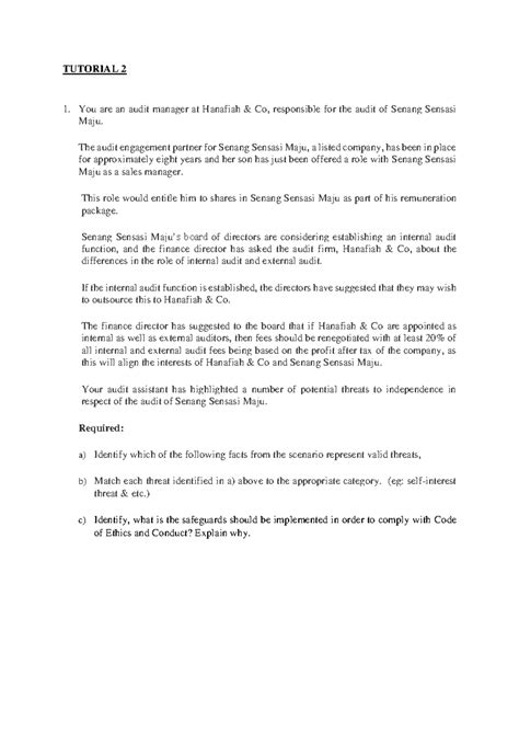 Tutorial Ethics 1 Tutorial 2 You Are An Audit Manager At Hanafiah