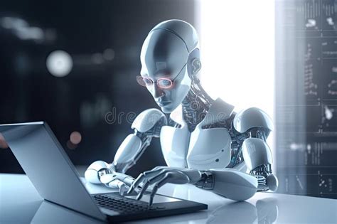 robot humanoid working with laptop computer in office 3d rendering