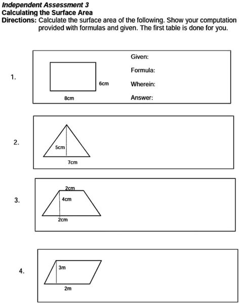 independent assessment 3 calculating the surface area directions