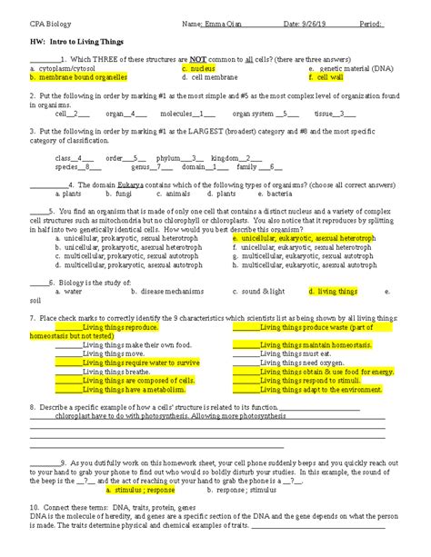Hw Intro To Living Things Cpa Cpa Biology Name Emma Qian Date 92619 Period Hw Intro To