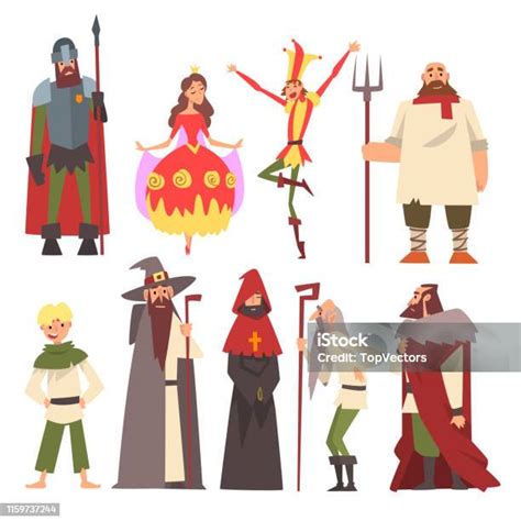 유럽 중세 문자 세트 기사 마법사 왕 공주 농민 제스터 역사적인 의상 벡터 일러스트 레이 션에 있는 사람들 중세에 대한 스톡 벡터 아트 및 기타 이미지 Istock