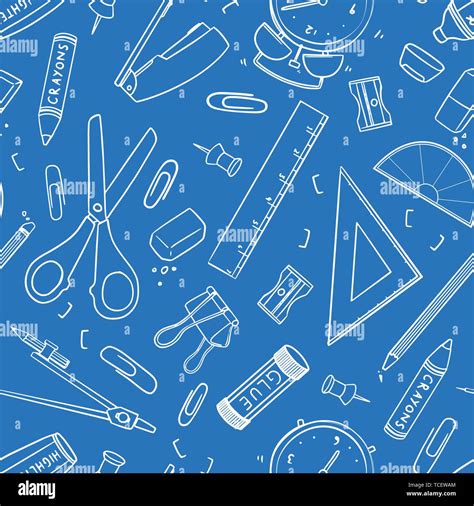 Blueprint Of Stationary Tool Pattern Seamless Vector Design Hand Drawn Outline Of Eraser