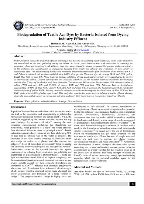 Pdf Biodegradation Of Textile Azo Dyes By Bacteria Isolated From