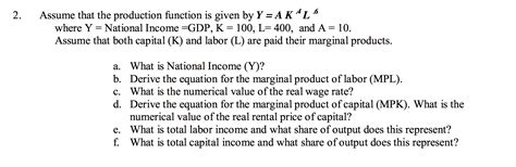 Solved Assume That The Production Function Is Given By Y A Chegg