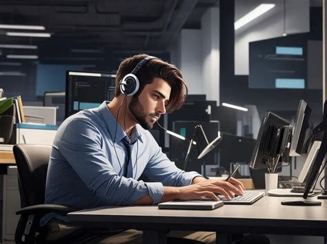 Premium AI Image Office Portrait Of Smiling IT Programmer Wearing Headphones Working On