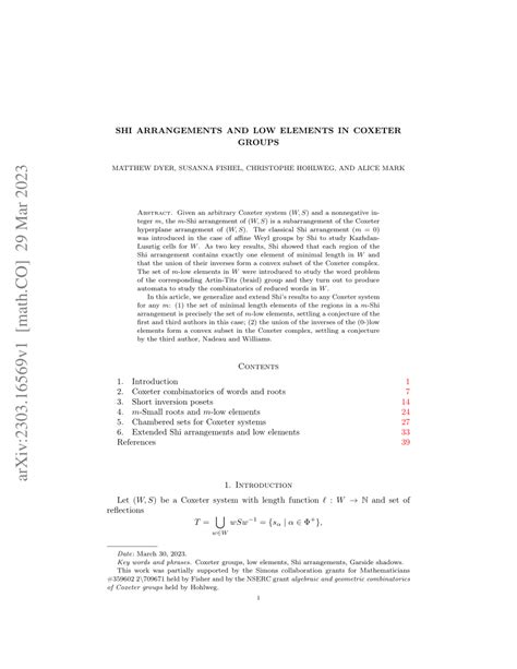Pdf Shi Arrangements And Low Elements In Coxeter Groups