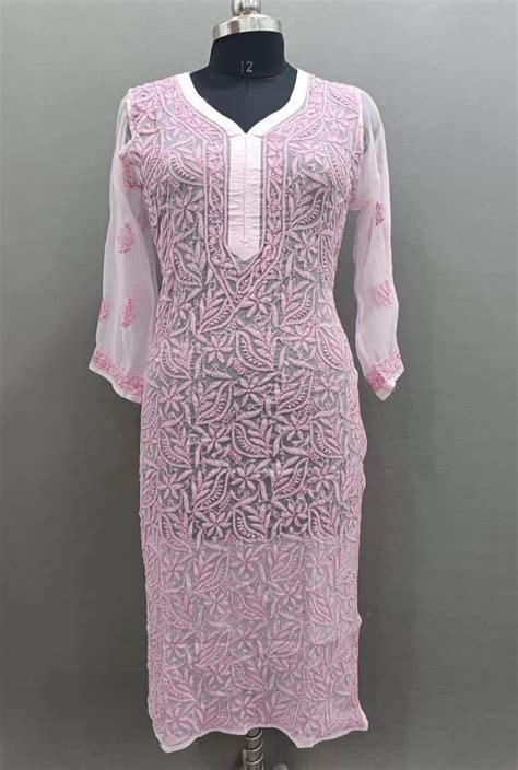 Chiffon Embroidered Lucknowi Chikankari Kurti Pink At ₹ 1100piece In