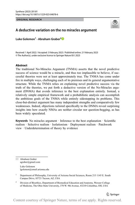 A Deductive Variation On The No Miracles Argument Request Pdf