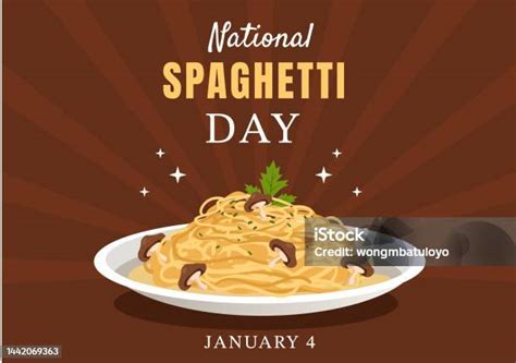 1월 4일 전국 스파게티의 날 이탈리아 국수 또는 파스타 플랫 만화 손으로 그린 템플릿 그림에 다양한 요리 건강한 생활방식에