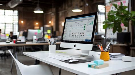 Modern Office Workspace With Imac Charts And Data Analytics On Screen