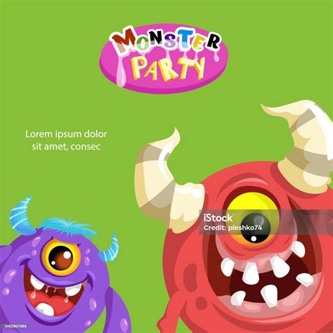 몬스터 파티 배너 디자인 템플릿입니다 귀여운 만화 괴물 마스코트 초대장 인사말 카드 등에 가장 적합합니다 벡터 그림입니다 생일에