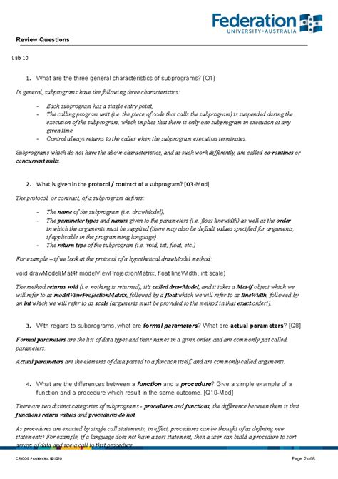 Lab 10 Subprograms Answers Review Questions Cricos Provider No 00103d Page 2 Of 6 Lab 10