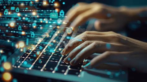 Dark Mode Theme Highlighting Close Up Of Hands Typing On A Keyboard With Floating Digital