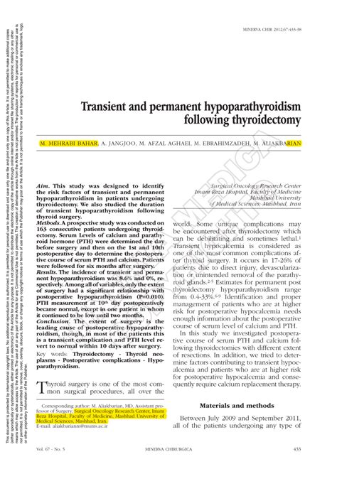 Pdf Transient And Permanent Hypoparathyroidism Following Thyroidectomy