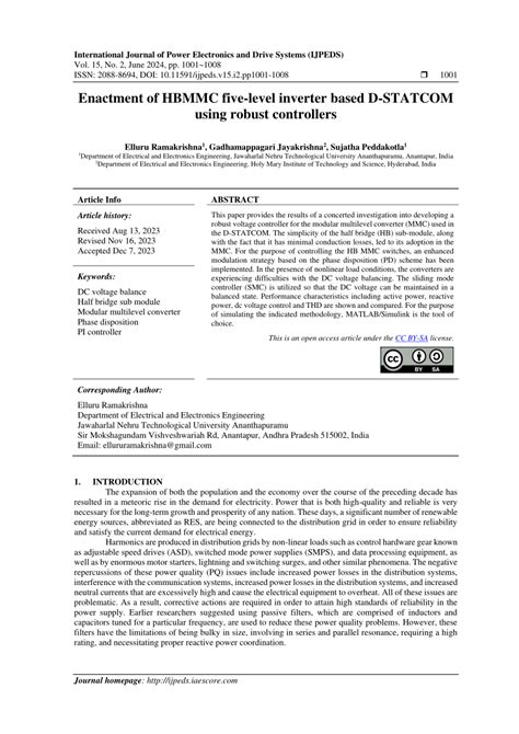 pdf enactment of hbmmc five level inverter based d statcom using