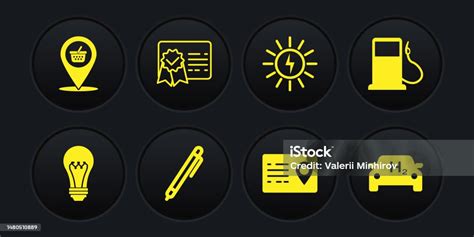 전구 휘발유 또는 주유소 펜 주소록 태양 에너지 패널 인증서 템플릿 수소 자동차 및 위치 쇼핑 바구니 아이콘을 설정합니다 벡터 0명에 대한 스톡 벡터 아트 및 기타 이미지
