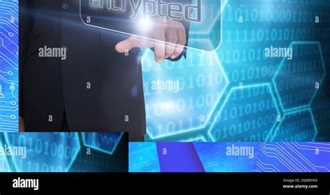 Composition Of Businessman Touching Encrypted Screen Over Binary Coding Stock Photo Alamy