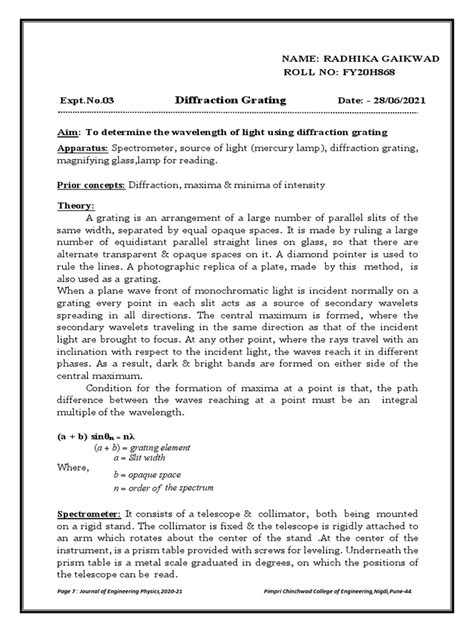 Diffraction Grating Prior Concepts Diffraction Maxima And Minima Of Intensity Pdf