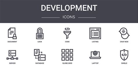 개발 개념 라인 아이콘 설정입니다 잠금 목록 서버 글로브 그리드 노트북 방패 채팅 상자 코드와 같은 웹 로고 Ui Ux에 사용할