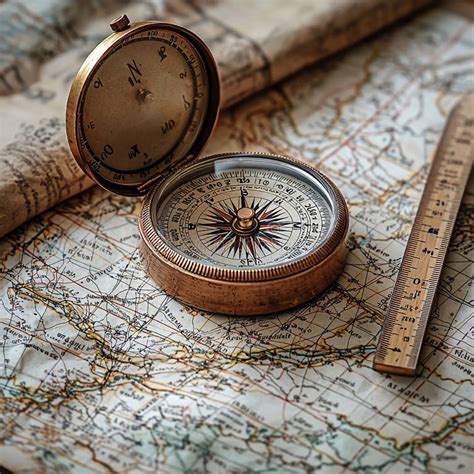 Exploring A Topographic Map With A Compass And Ruler For Navigation And Outdoor Activities Stock