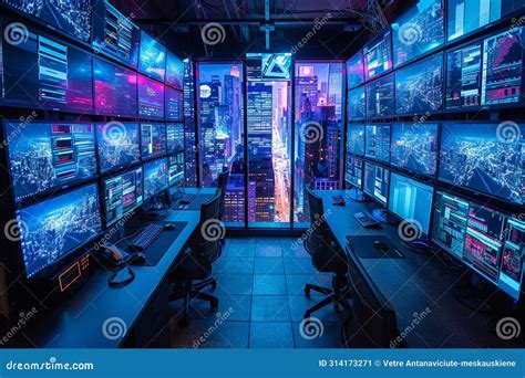 Futuristic Control Room Overlooking City Stock Image Image Of Alerts Information 314173271