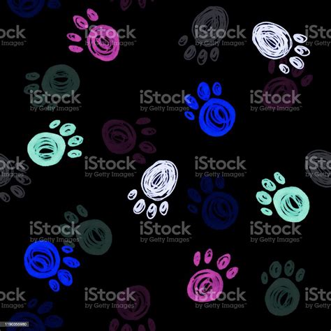 손으로 그린 낙서 핑크와 검은 배경에 파란색 발 인쇄의 추상원활한 패턴 디자인 직물 배경 등에 대 한 귀여운 일러스트 레이션 0명에 대한 스톡 벡터 아트 및 기타 이미지