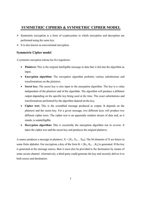 Symmetric Ciphers And Symmetric Cipher Model Secure Communication