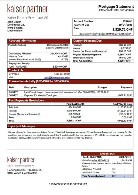 Liechtenstein Kaiser Partner Privatbank Mortgage Statement Word And Pdf